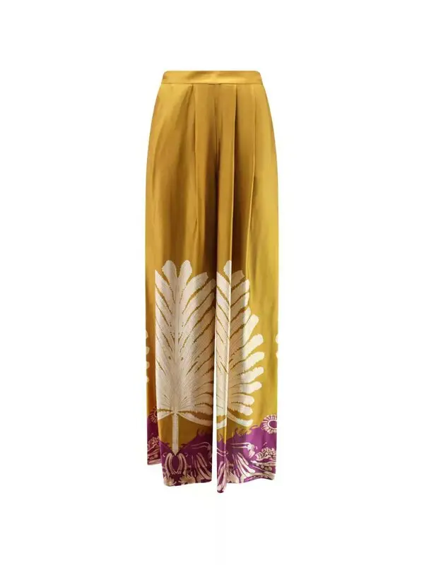 BYE FIRENZE Mustard Palm Leaf Print Pleated Palazzo Pants