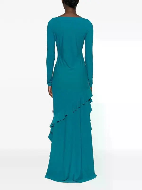 Moschino Teal Green Ruffled Asymmetrical Long Sleeve Dress