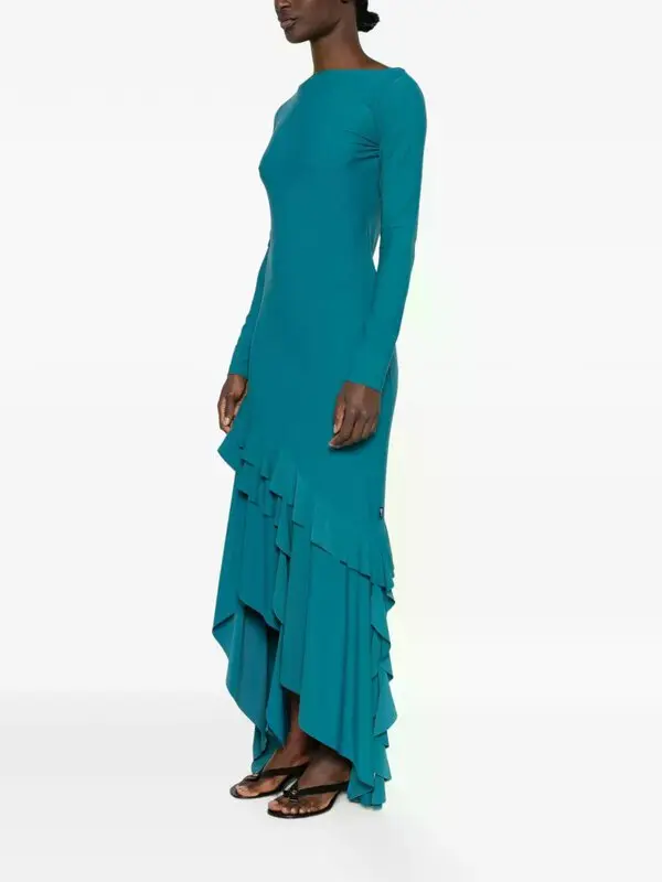 Moschino Teal Green Ruffled Asymmetrical Long Sleeve Dress
