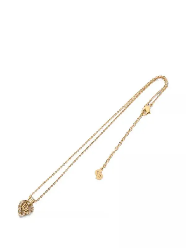 Dior Tone Rhinestone Embellished Heart Logo Pendant Necklace - Gold