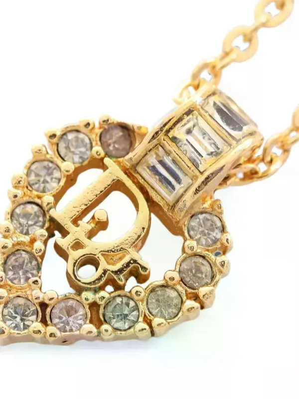 Dior Tone Rhinestone Embellished Heart Logo Pendant Necklace