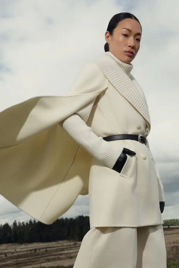 Mackage Susie Wool Cape With Shawl Collar And Belt - Cream