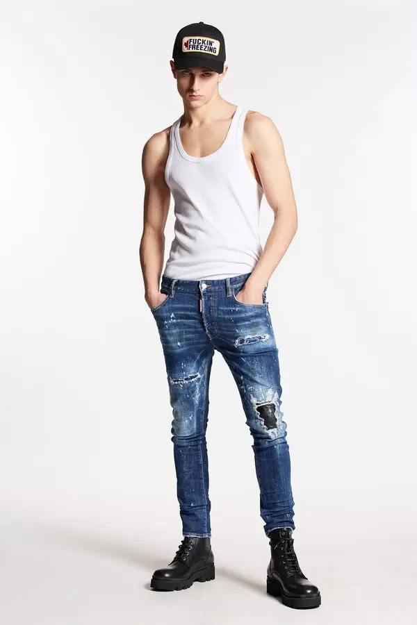 Dsquared2 Dark Ripped Leather Patch Wash Super Twinky Jeans