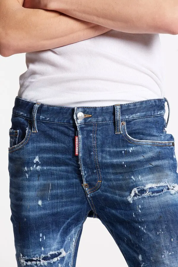 Dsquared2 Dark Ripped Leather Patch Wash Super Twinky Jeans