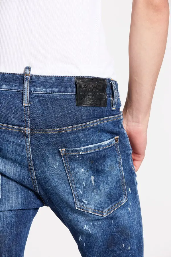 Dsquared2 Dark Ripped Leather Patch Wash Super Twinky Jeans