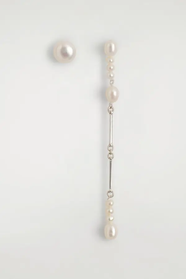Cos Asymmetric Freshwater Pearl Drop Earrings - Silver-colored
