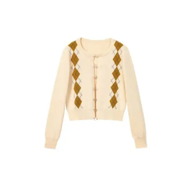 JAKKE Cream Argyle Cardigan With Metal Ring Closures - White