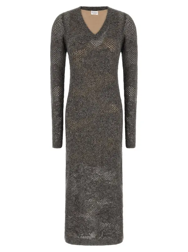 Brunello Cucinelli Long Sleeve Mesh Lace Dress - Gray