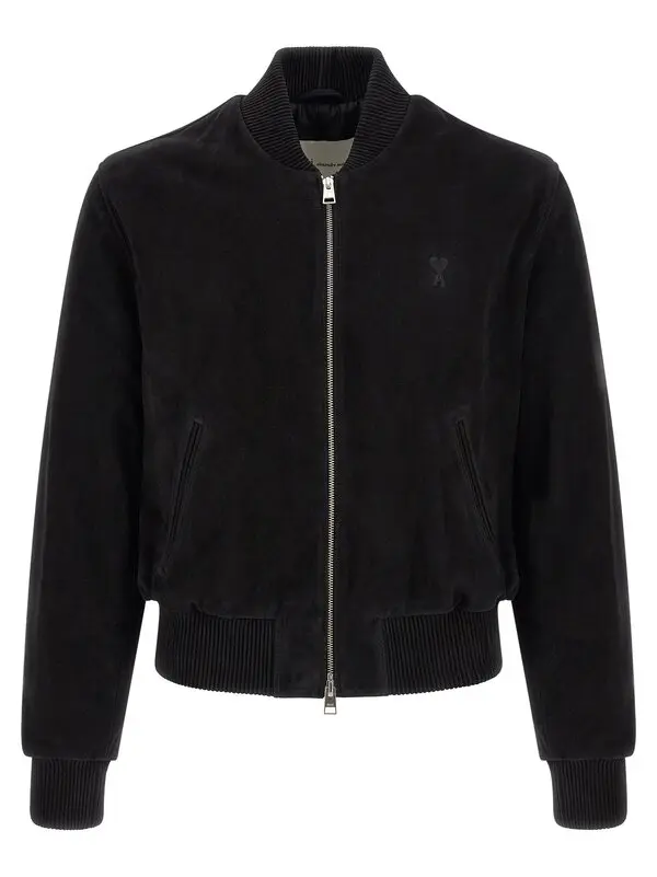 AMI Paris Suede Goat Leather Bomber Jacket With De Coeur Logo - Black