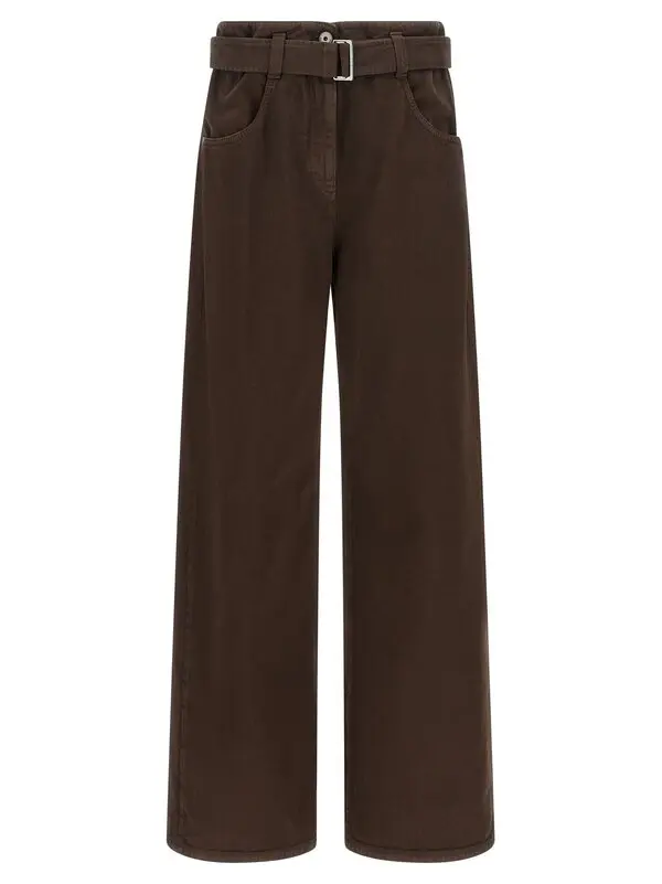 Brunello Cucinelli Wide-leg Belted Jeans In Dark Cotton Canvas - Brown