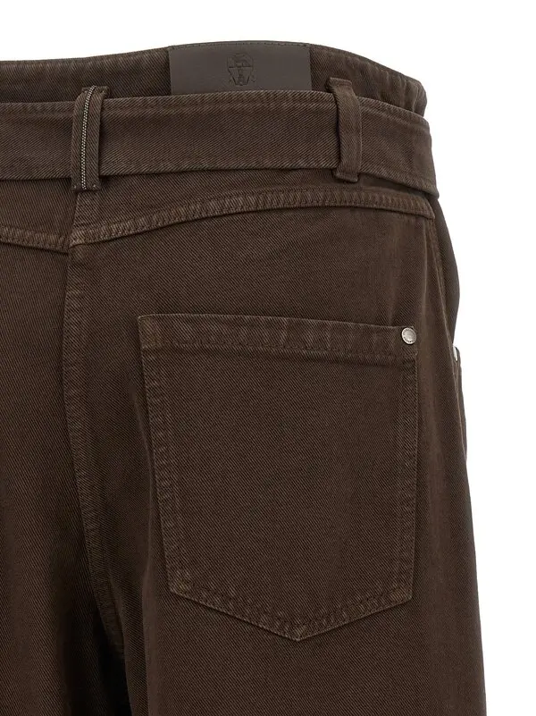 Brunello Cucinelli Wide-leg Belted Jeans In Dark Cotton Canvas - Brown