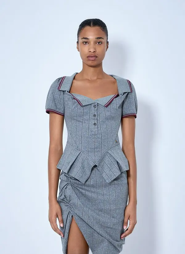 VIVIENNE WESTWOOD Striped Cotton Polo Shirt With Peplum Detailing - Gray