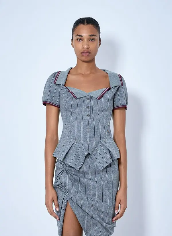 VIVIENNE WESTWOOD Striped Cotton Polo Shirt With Peplum Detailing - Gray
