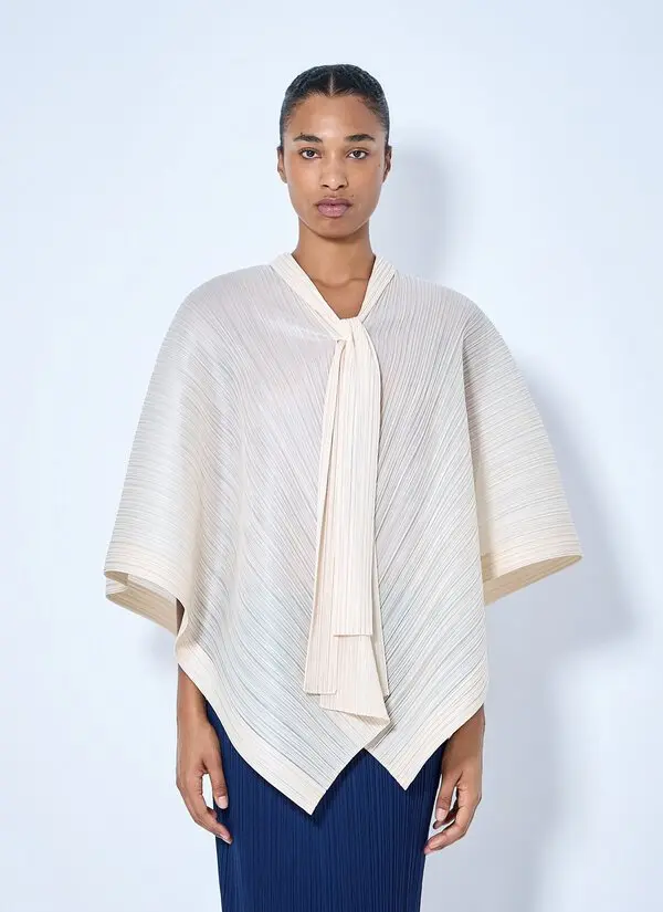 Issey Miyake Pleated Cape Blouse With Tie Neck Detail - Cream