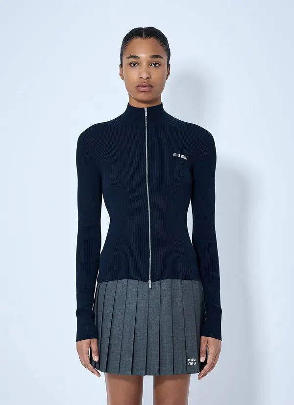 Miu Miu Ribbed Knit Logo Embroidered Zip-up Cardigan - Blue