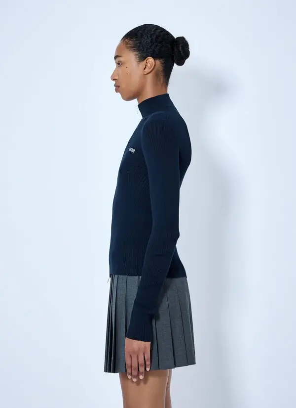 Miu Miu Ribbed Knit Logo Embroidered Zip-up Cardigan - Blue