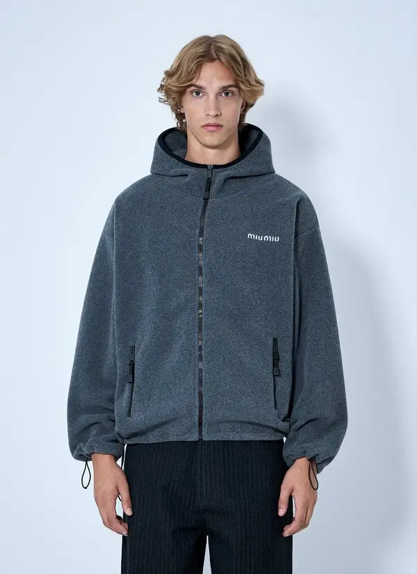 Miu Miu Relaxed-fit Zip-up Hooded Sweatshirt - Gray