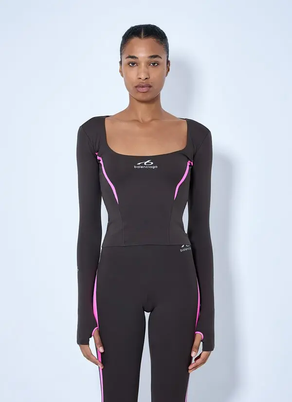 Balenciaga Long Sleeve Fitted Top With Contrast Piping - Brown
