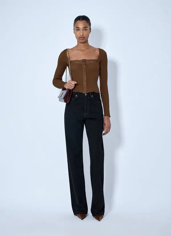 Saint Laurent Ribbed Lacy Button Up Top