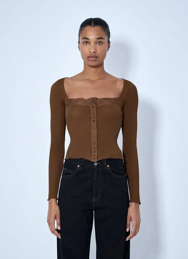 Saint Laurent Ribbed Lace Trim Square Neck Button-up Top - Multicolor