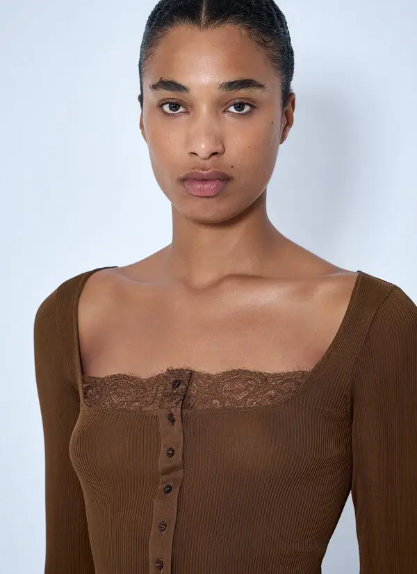 Saint Laurent Ribbed Lace Trim Square Neck Button-up Top - Multicolor
