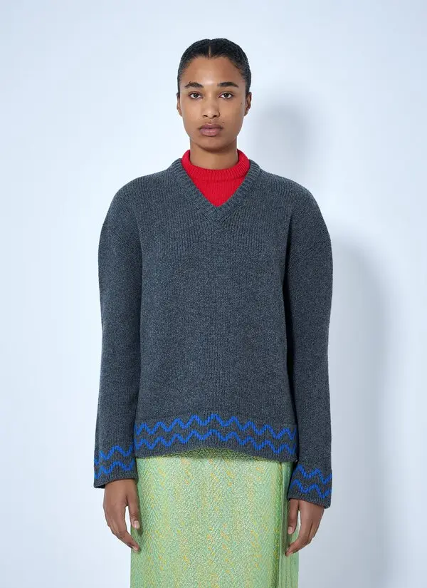 Marni V-neck Textured Knit Sweater With Contrast Hem - Gray