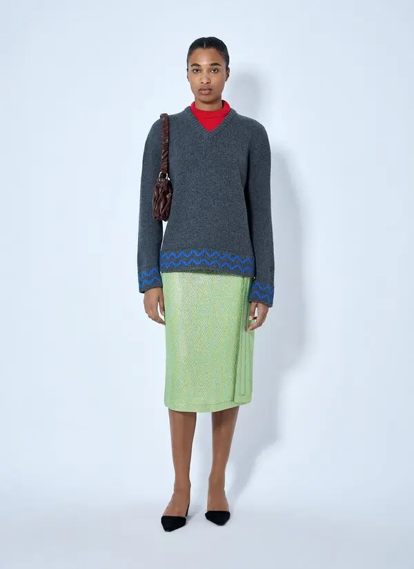 Marni V-neck Textured Knit Sweater With Contrast Hem - Gray