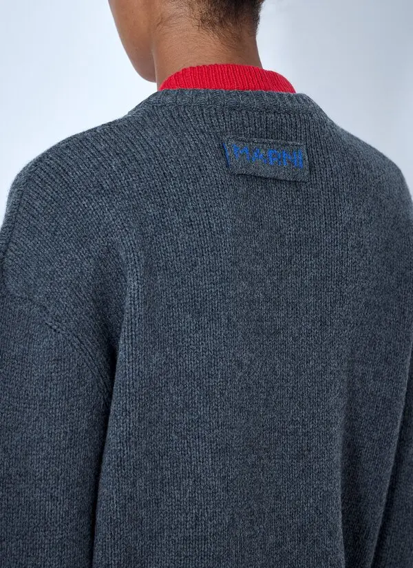 Marni V-neck Textured Knit Sweater With Contrast Hem - Gray