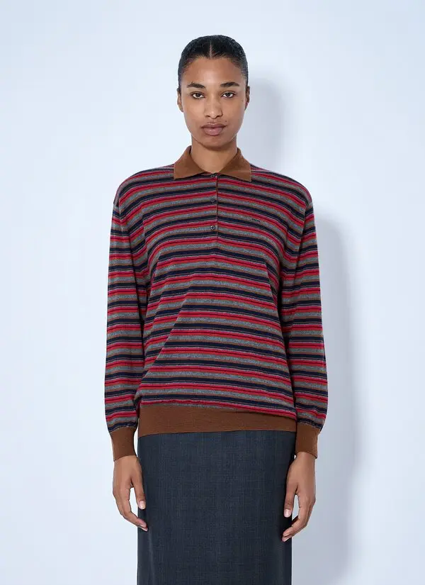 Prada Striped Long Sleeve Cashmere Polo Sweater - Red