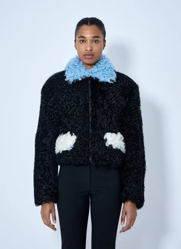 Marni Curly Shearling Jacket With Contrast Collar And Pockets - Black