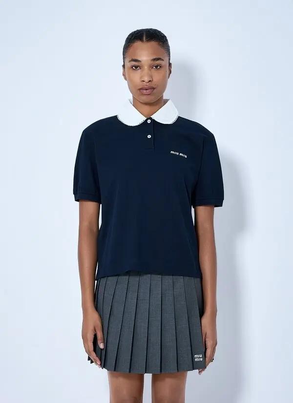 Miu Miu Cotton Piqué Polo Shirt With Embroidered Collar - Blue
