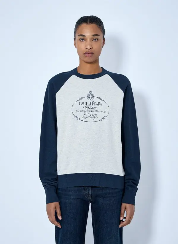 Prada Cotton Crewneck Sweatshirt With Contrast Raglan Sleeves - Blue