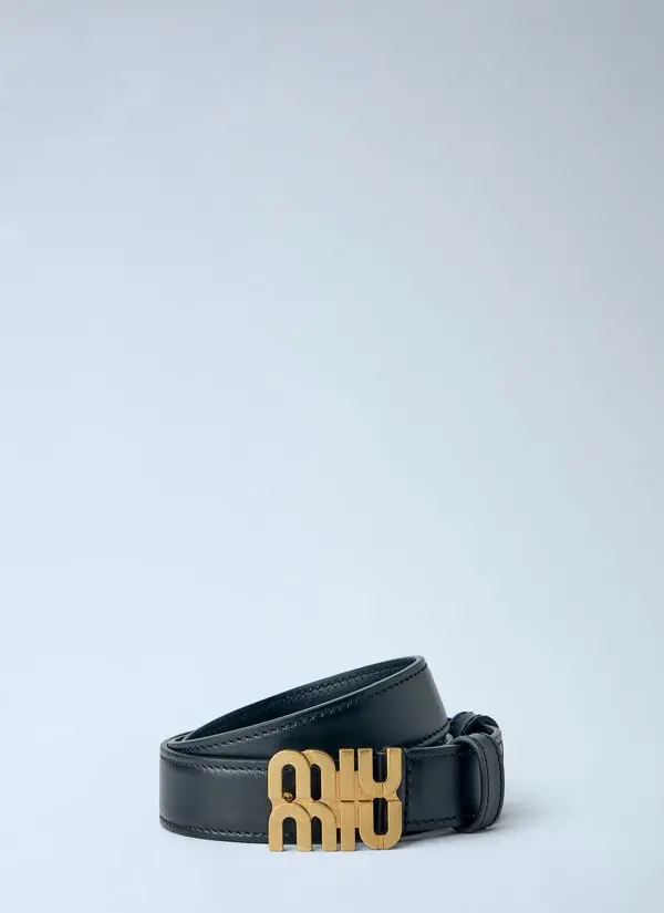 Miu Miu Leather Belt With Gold-tone Logo Buckle - Black