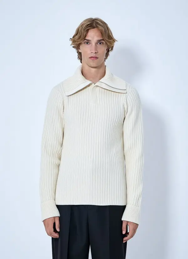 Bottega Veneta Ribbed Knit Collared Sweater - Cream
