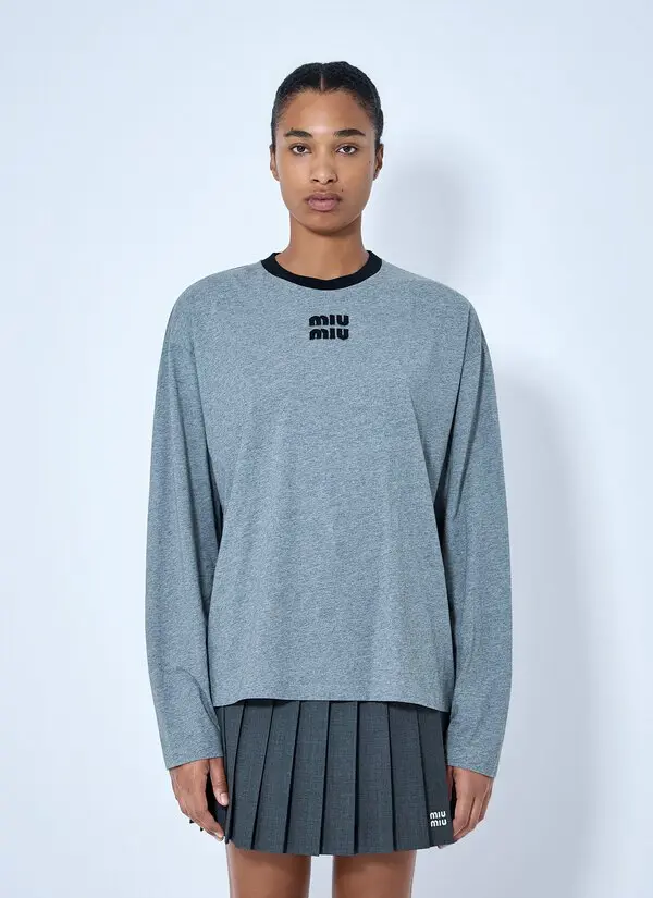 Miu Miu Logo Motif Long Sleeve T-shirt - Gray