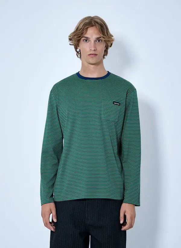 Miu Miu Striped Long Sleeve T-shirt With Logo Patch - Green