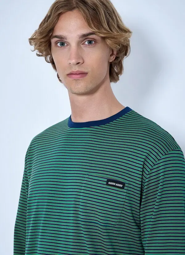 Miu Miu Striped Long Sleeve T-shirt With Logo Patch - Green