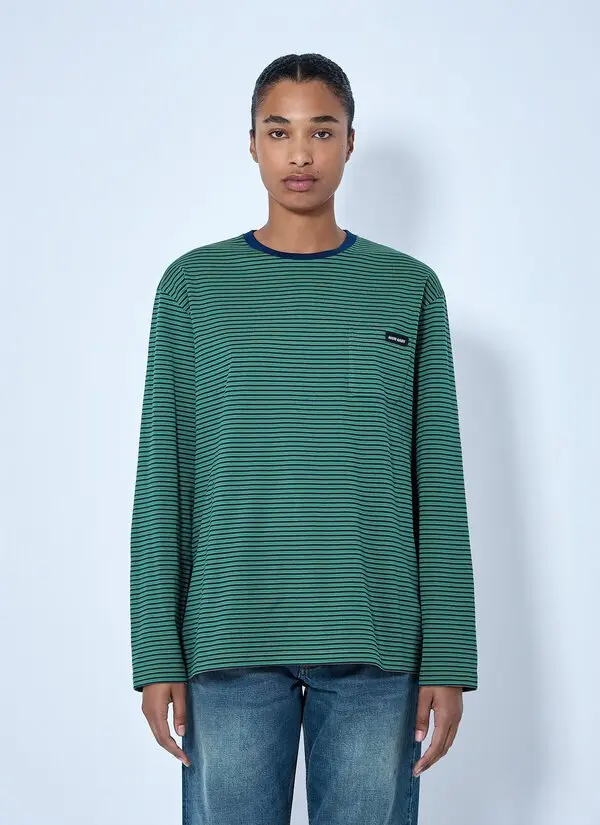 Miu Miu Striped Long Sleeve T-shirt With Logo Patch - Green