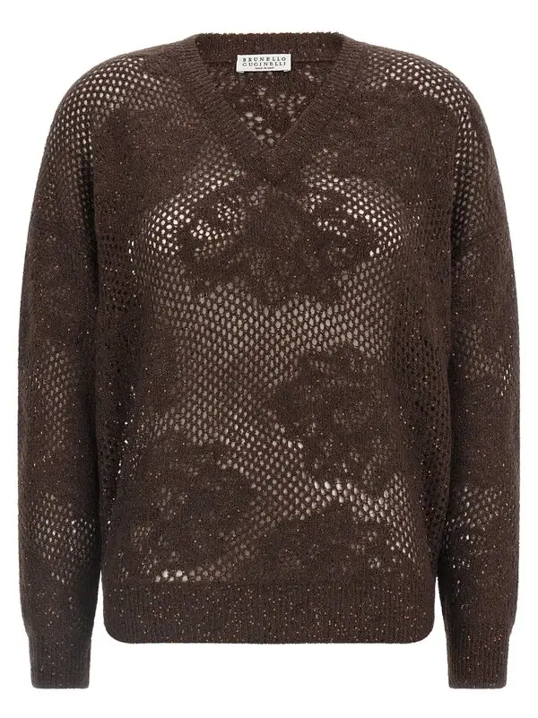 Brunello Cucinelli Flower Lace Mohair & Virgin Wool V-neck Sweater - Brown