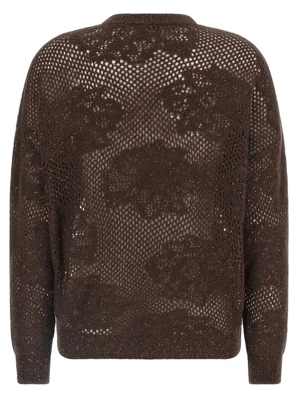 Brunello Cucinelli Flower Lace Mohair & Virgin Wool V-neck Sweater - Brown