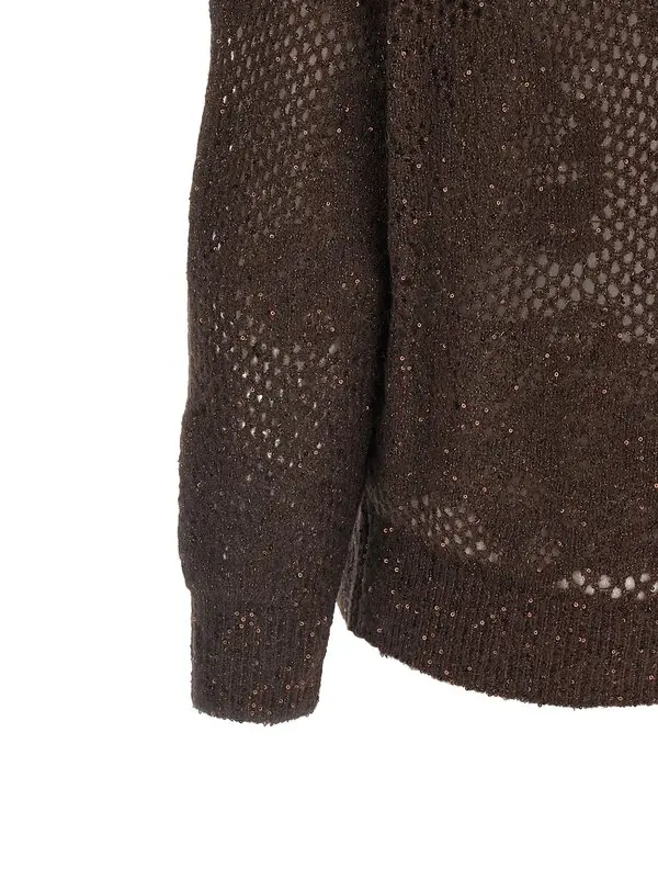 Brunello Cucinelli Flower Lace Mohair & Virgin Wool V-neck Sweater - Brown