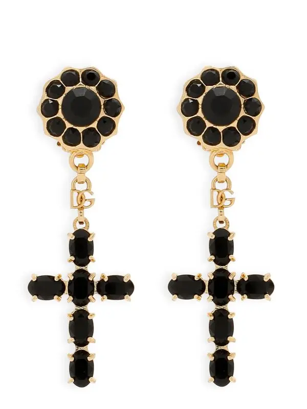 Dolce & Gabbana Finish Clip Earrings With Black Crystal Cross Pendants - Gold