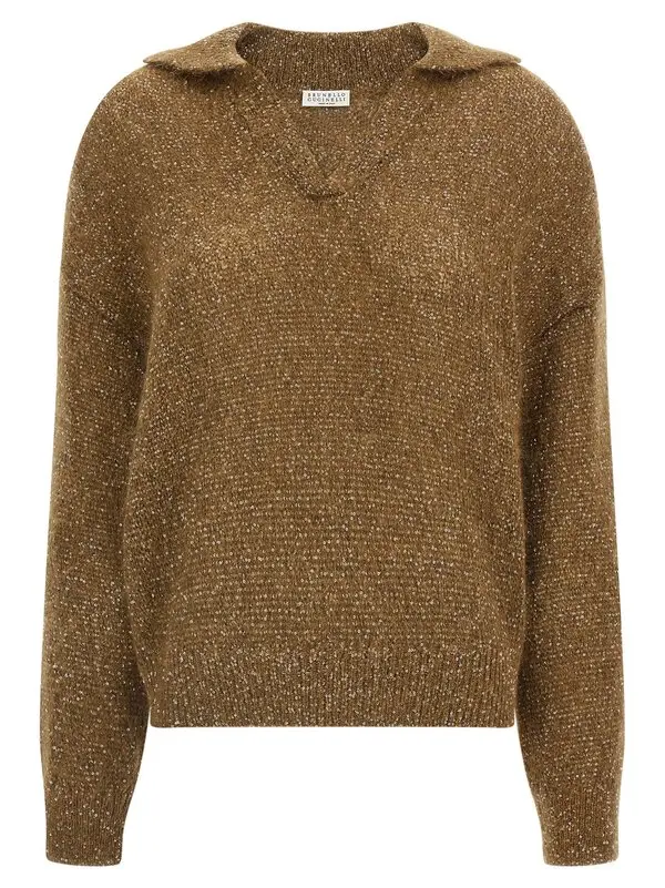 Brunello Cucinelli Dazzling" Sequined Knit Polo Shirt - Brown