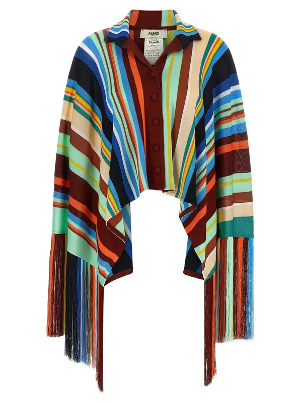 Fendi Striped Knit Poncho With Fringes - Multicolor