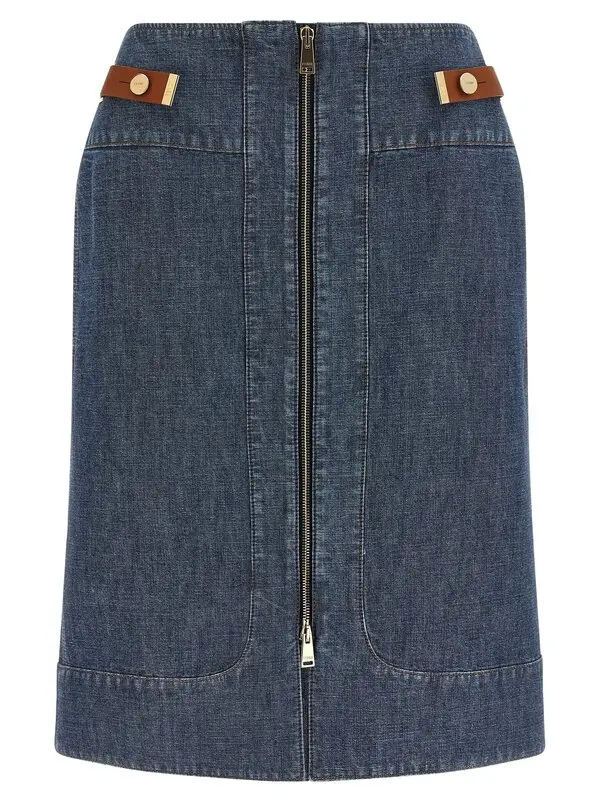 Fendi Chambray Denim Midi Skirt With Leather Details