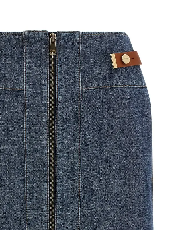 Fendi Chambray Denim Midi Skirt With Leather Details