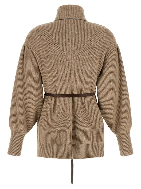 Brunello Cucinelli Belted Ribbed Knit Cardigan With Balloon Sleeves