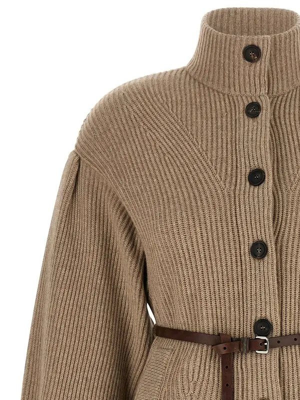 Brunello Cucinelli Belted Ribbed Knit Cardigan With Balloon Sleeves