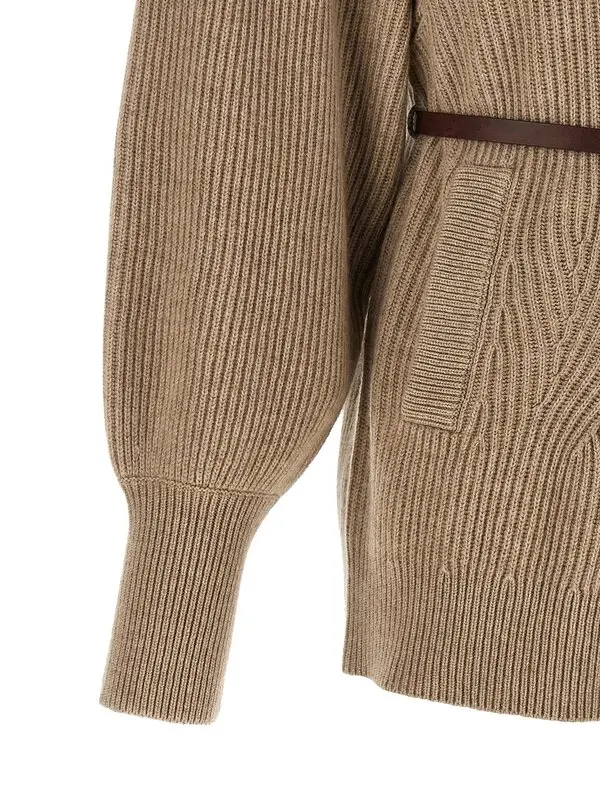 Brunello Cucinelli Belted Ribbed Knit Cardigan With Balloon Sleeves