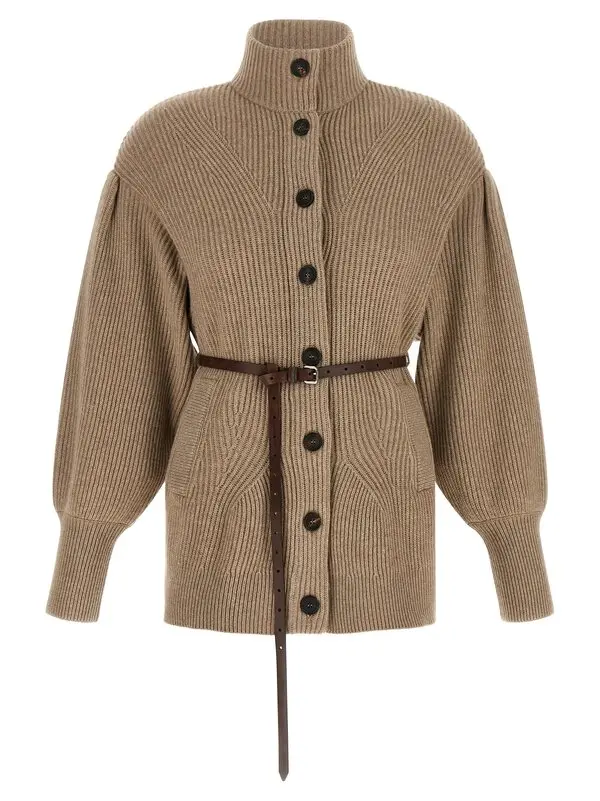 Brunello Cucinelli Belted Ribbed Knit Cardigan With Balloon Sleeves - Cream